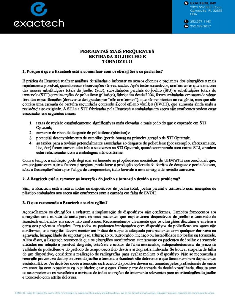 Exactech Knee & Ankle FAQ - PT - exac.es